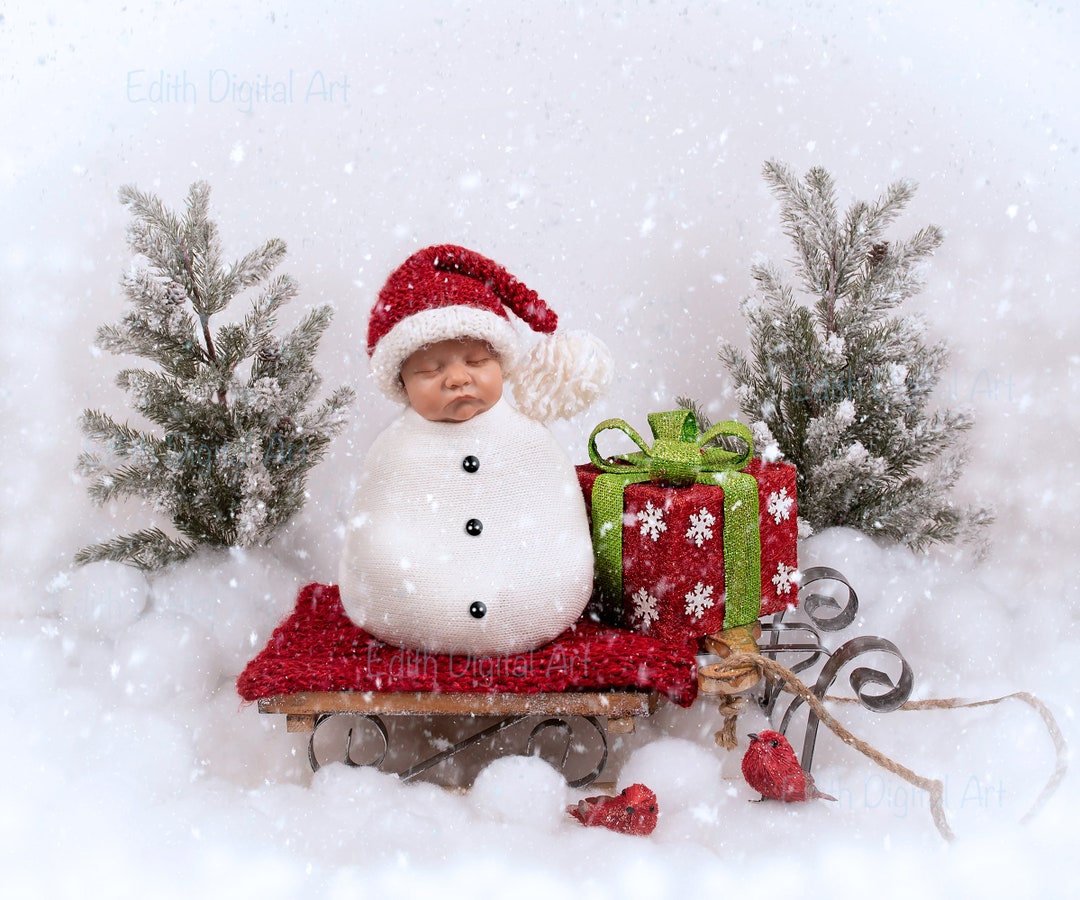 Christmas Newborn Digital Backdrop. Winter Snowman Newborn Face Insert ...