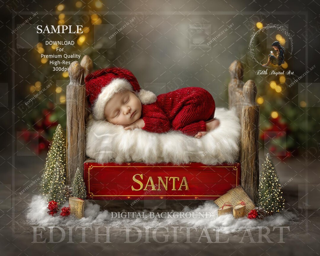 Newborn Photography Digital Backdrop, Christmas Bed Photo Prop for Baby ...