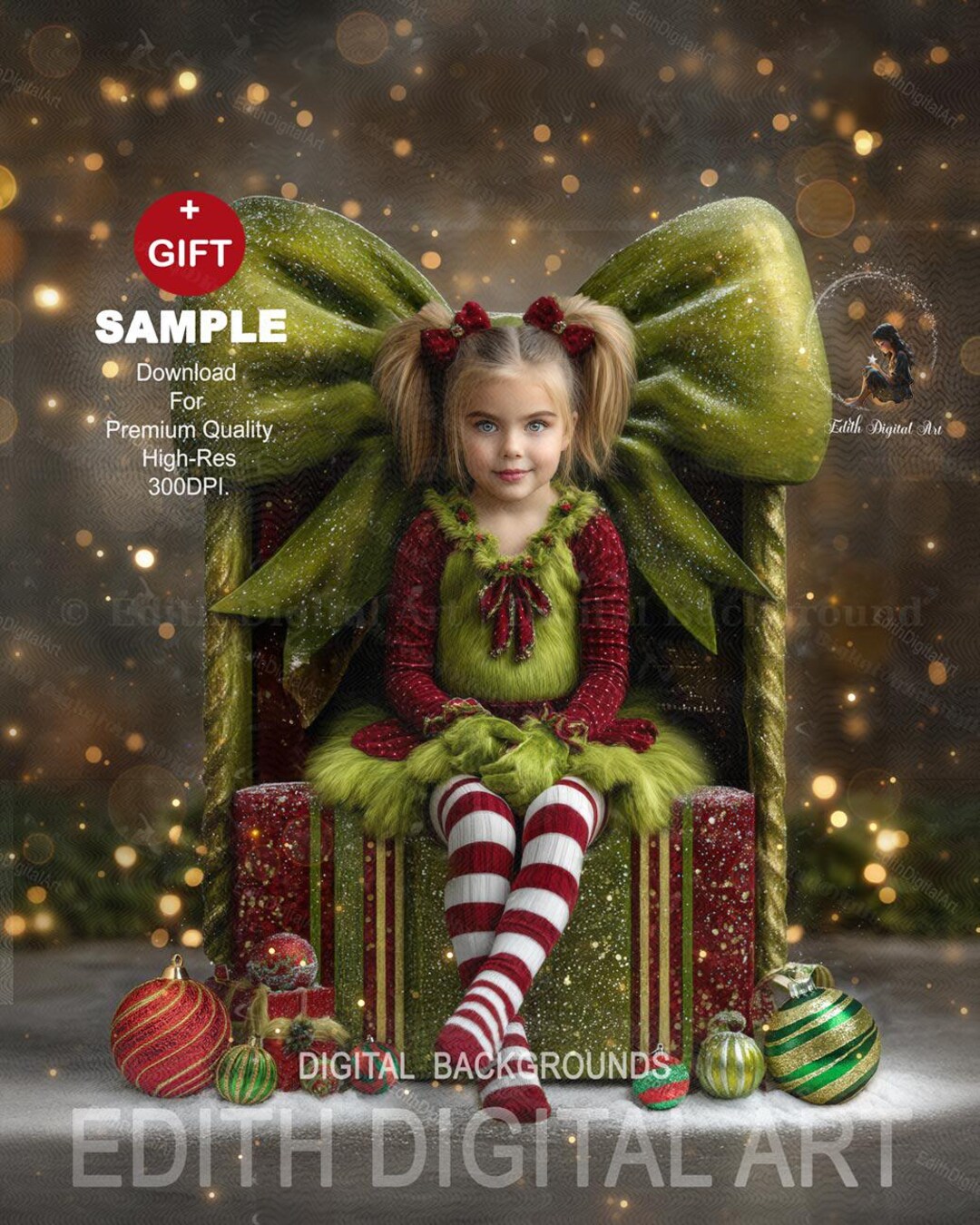 Christmas Digital Backdrop Photography Composites. Green Christmas Gift ...