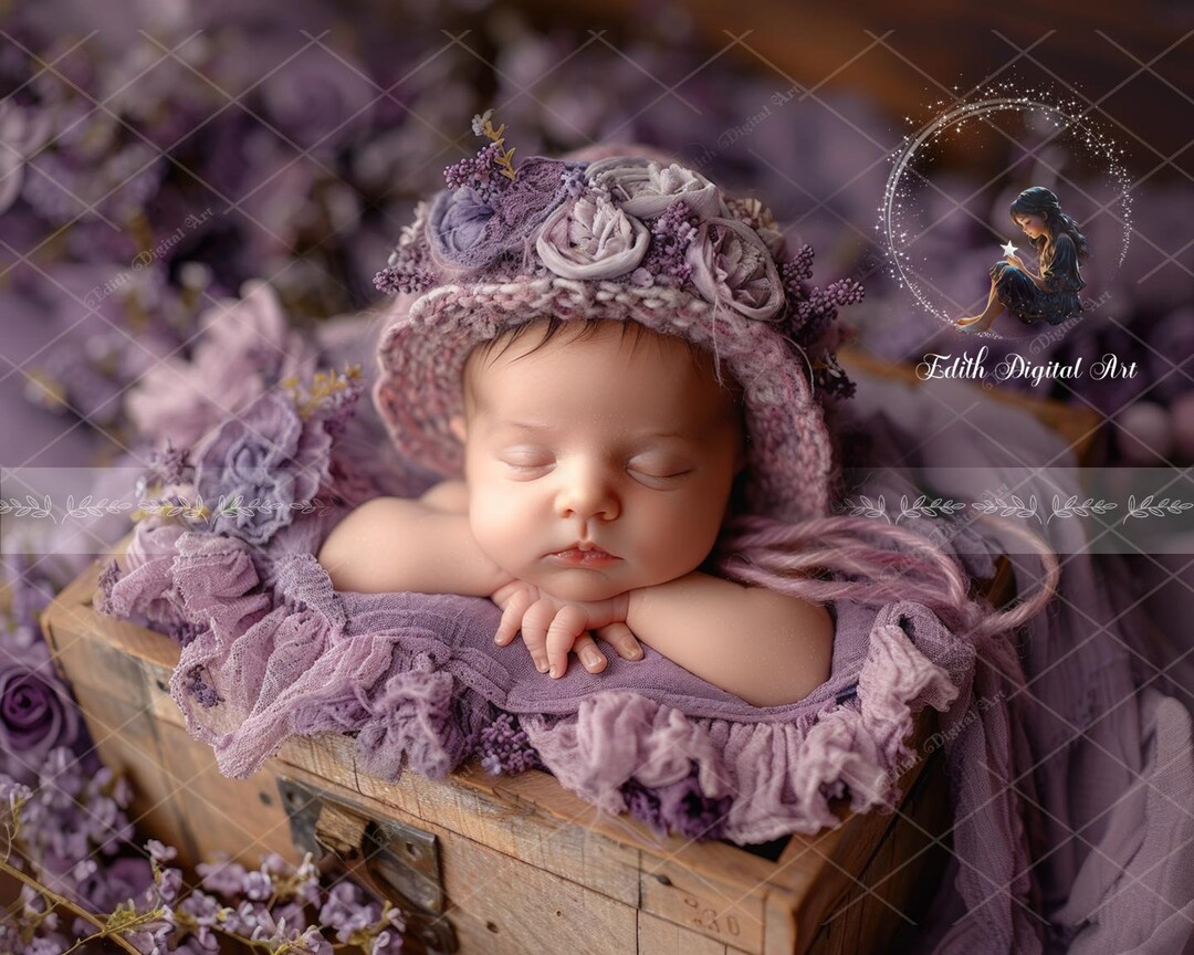 Newborn Digital Backdrop, Purple Photo Prop Digital, Wooden Box ...