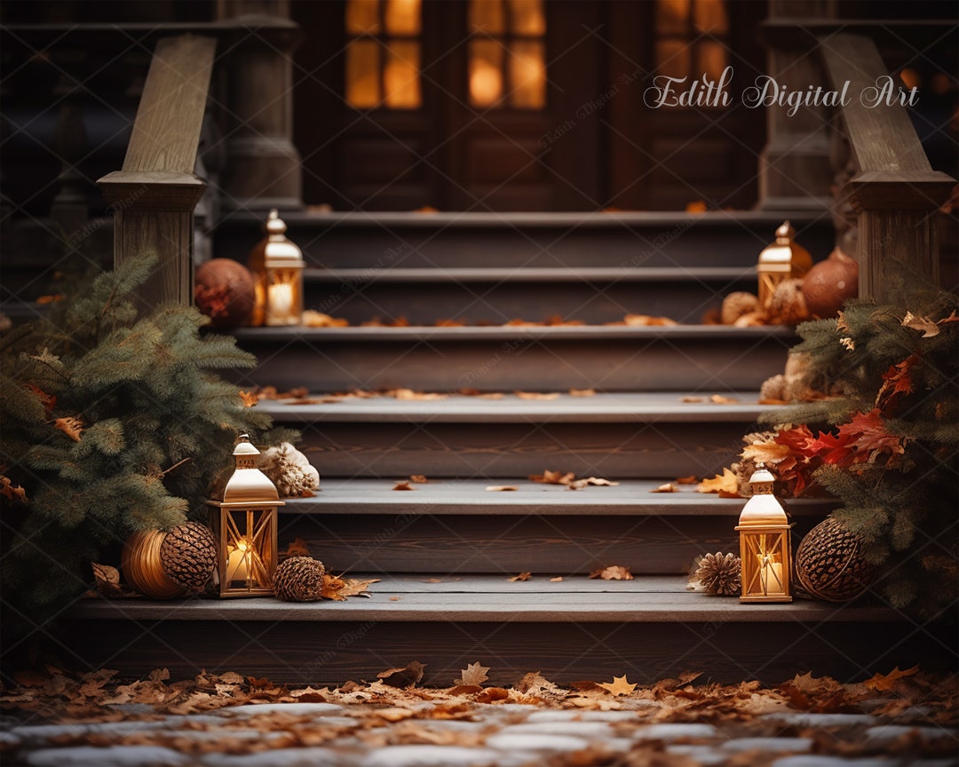 Fall Backdrop Staircase Bliss, Autumn Digital Background, Autumn Front ...