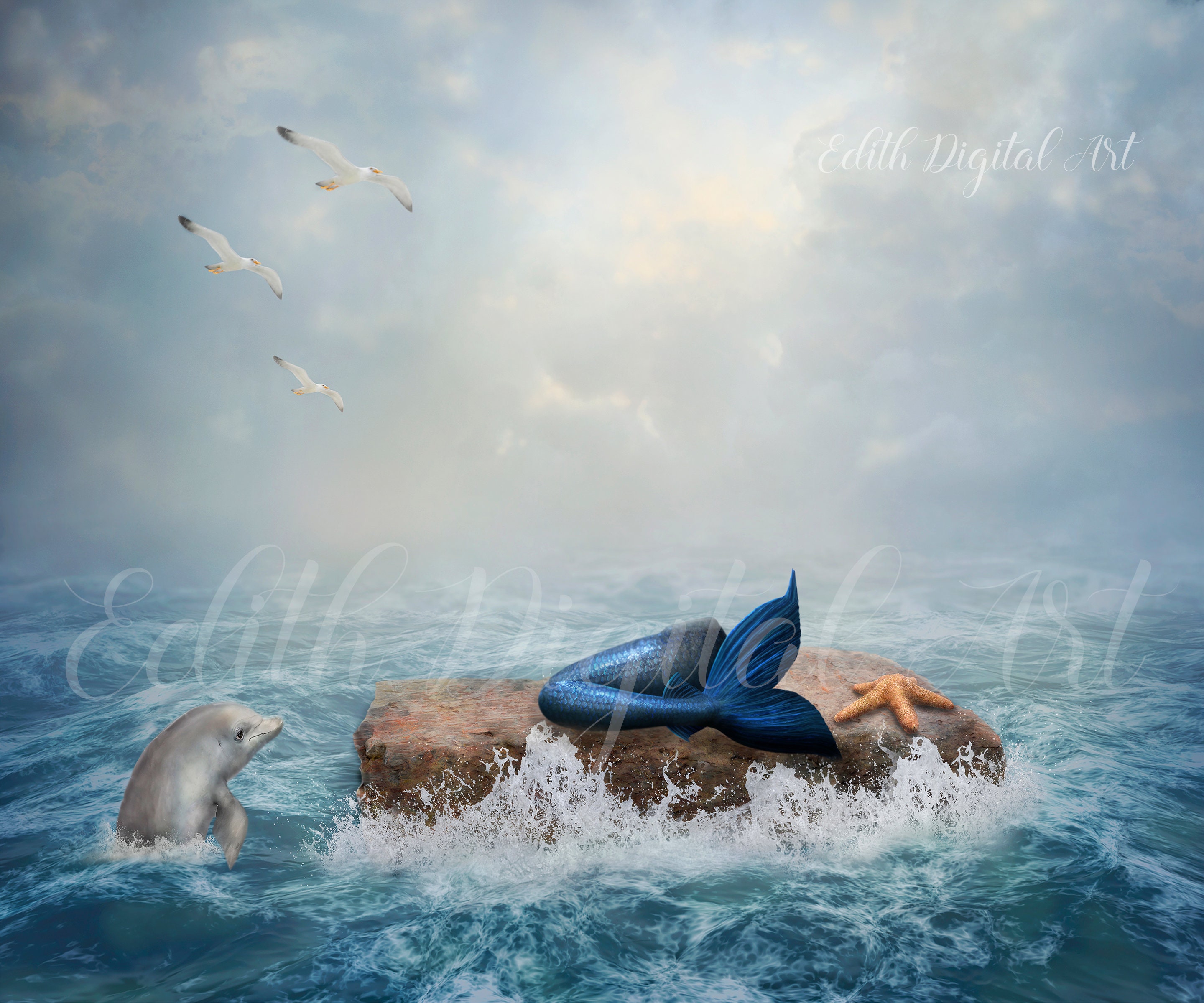 Mermaid Digital Backdrop, Dolphin Background, Fantasy Kids Photography ...