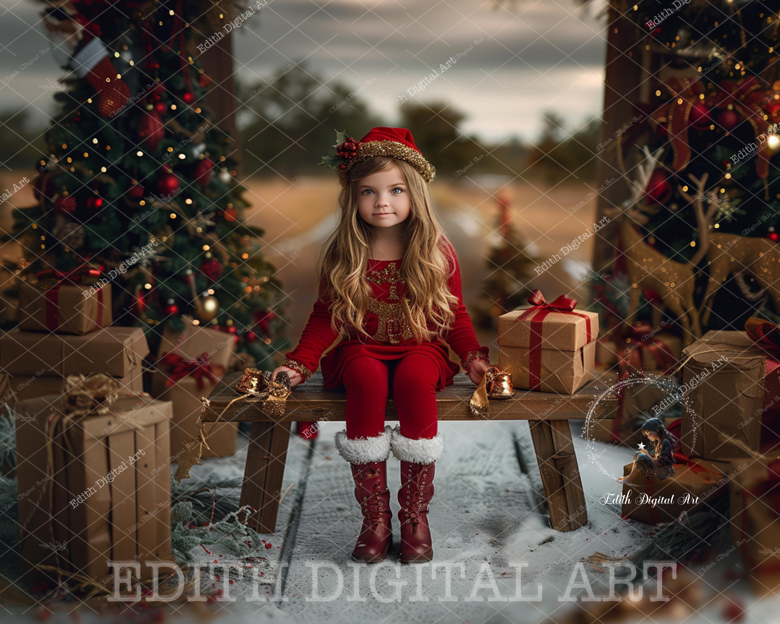 Christmas Digital Backdrop Photography, Bench, Gifts, Snow, Christmas ...