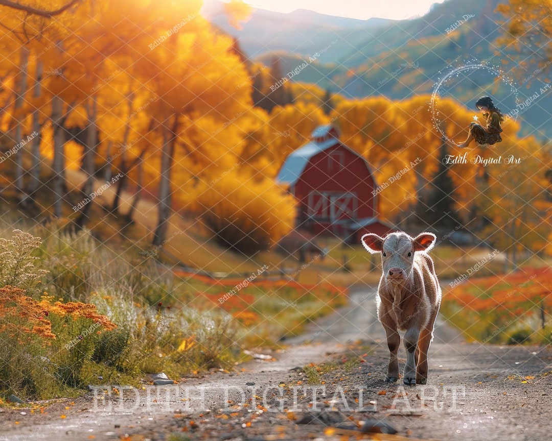 Beautiful Autumn Farm Road Digital Backdrop Photography Photoshoot, Cow ...