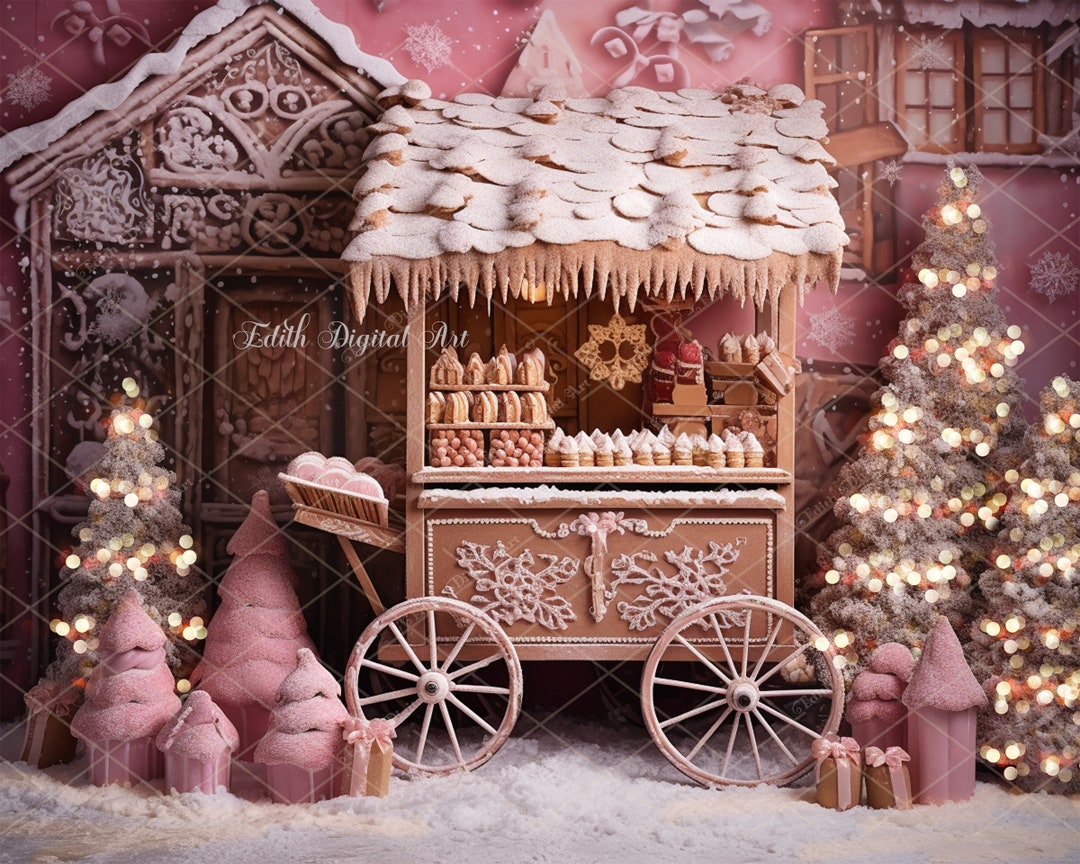 Gingerbread Digital Backdrop, Christmas Digital Background, Pink ...
