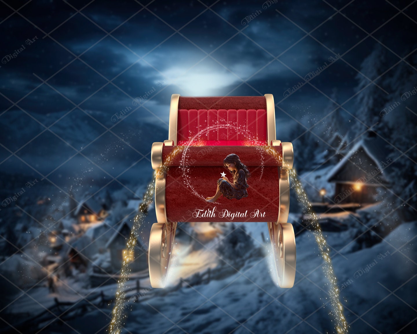 Santa's Sleigh Flying Over the Town, Christmas Digital Backdrop, Red ...