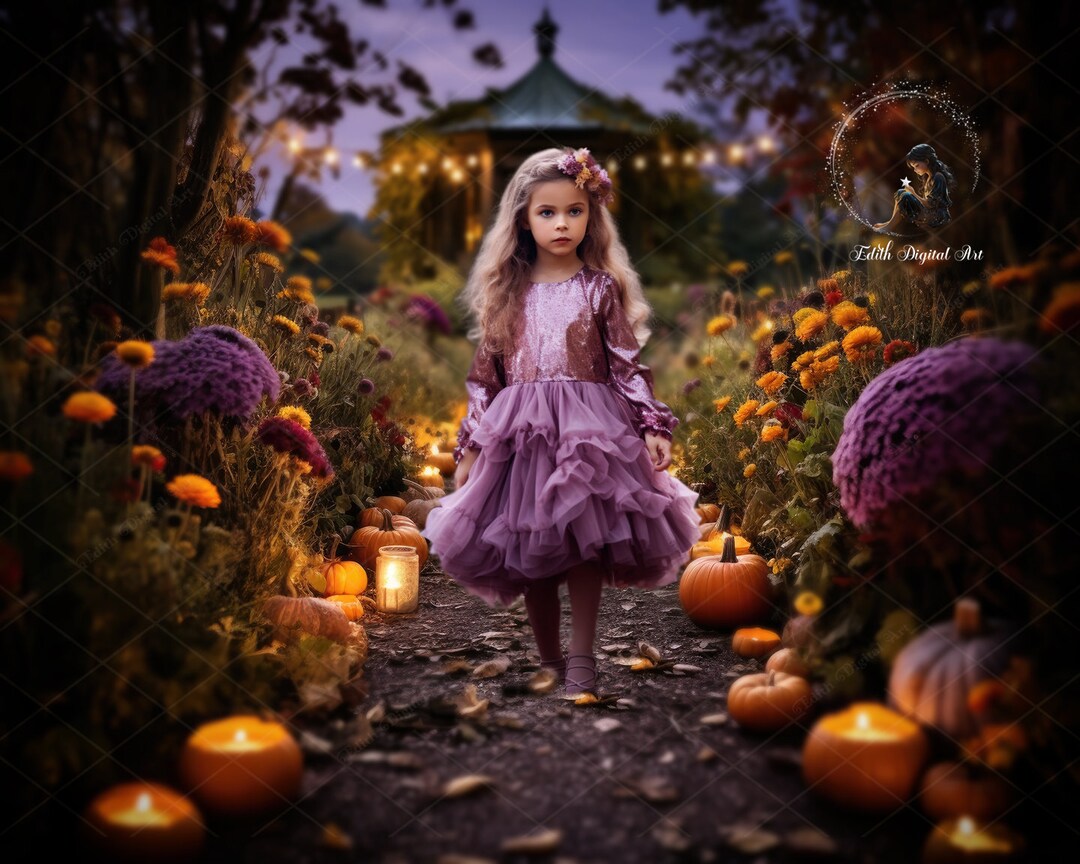 Autumn Digital Backdrop, Secret Garden Road With Fall Leaves, Pumpkins ...