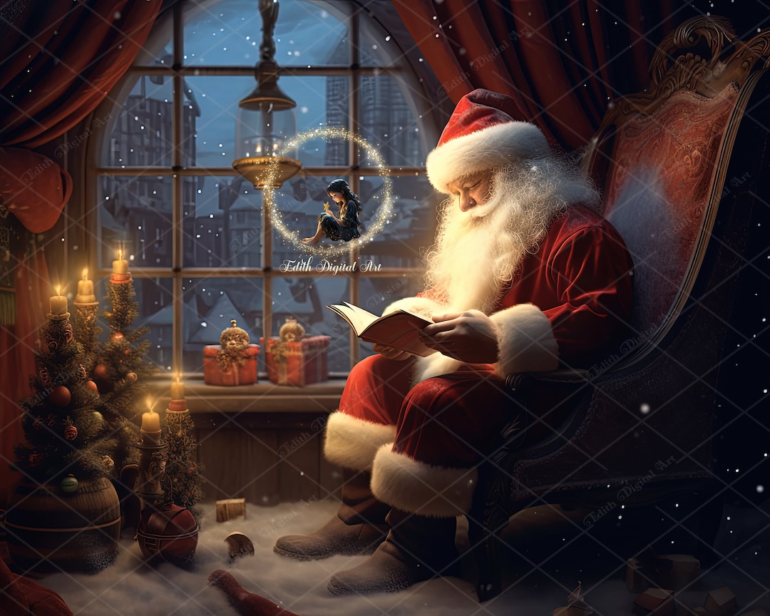 Christmas Digital Backdrop, Santa is Reading a Christmas Book ...