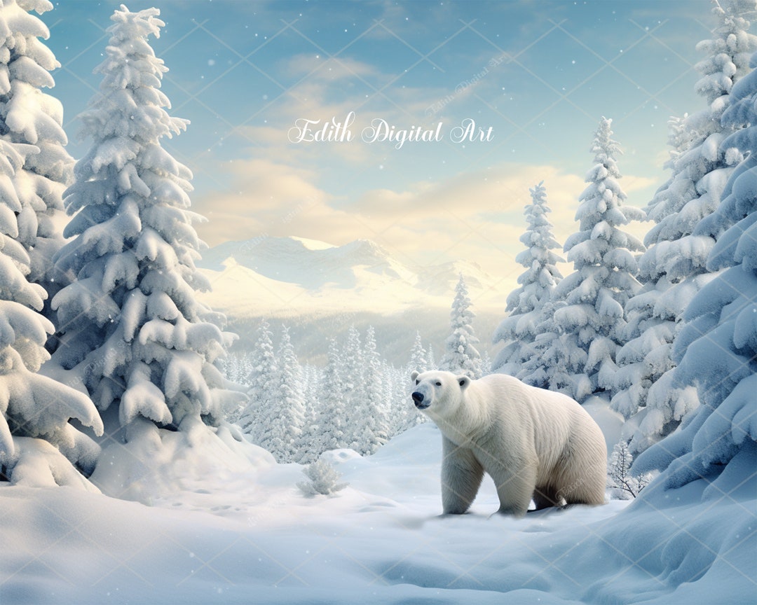 Polar Bear in Snow Backdrop Snowy Winter Scene Christmas Winter Digital ...