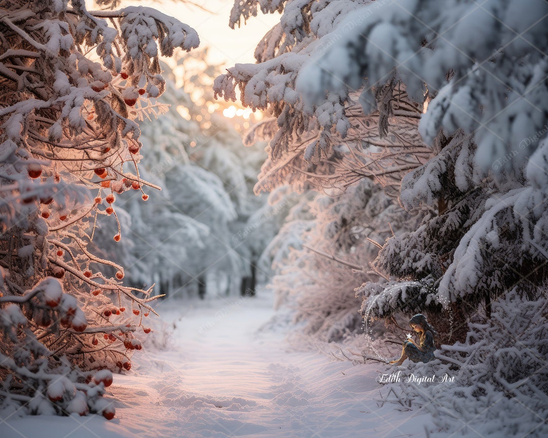 Christmas Forest Backdrops, Winter, Snow, Magic Forest Road Digital ...