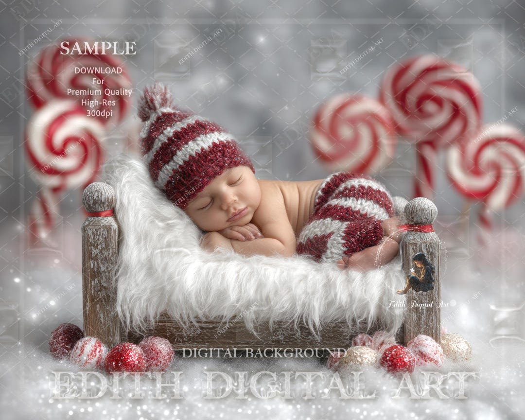 Christmas Candyland Digital Backdrop, Snow Candycane Newborn Bed Photo ...