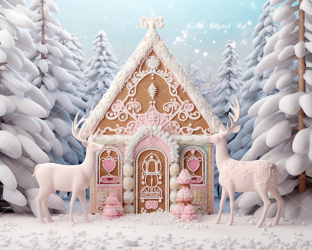 Christmas Digital Backdrop Photography, Snow Gingerbread House ...