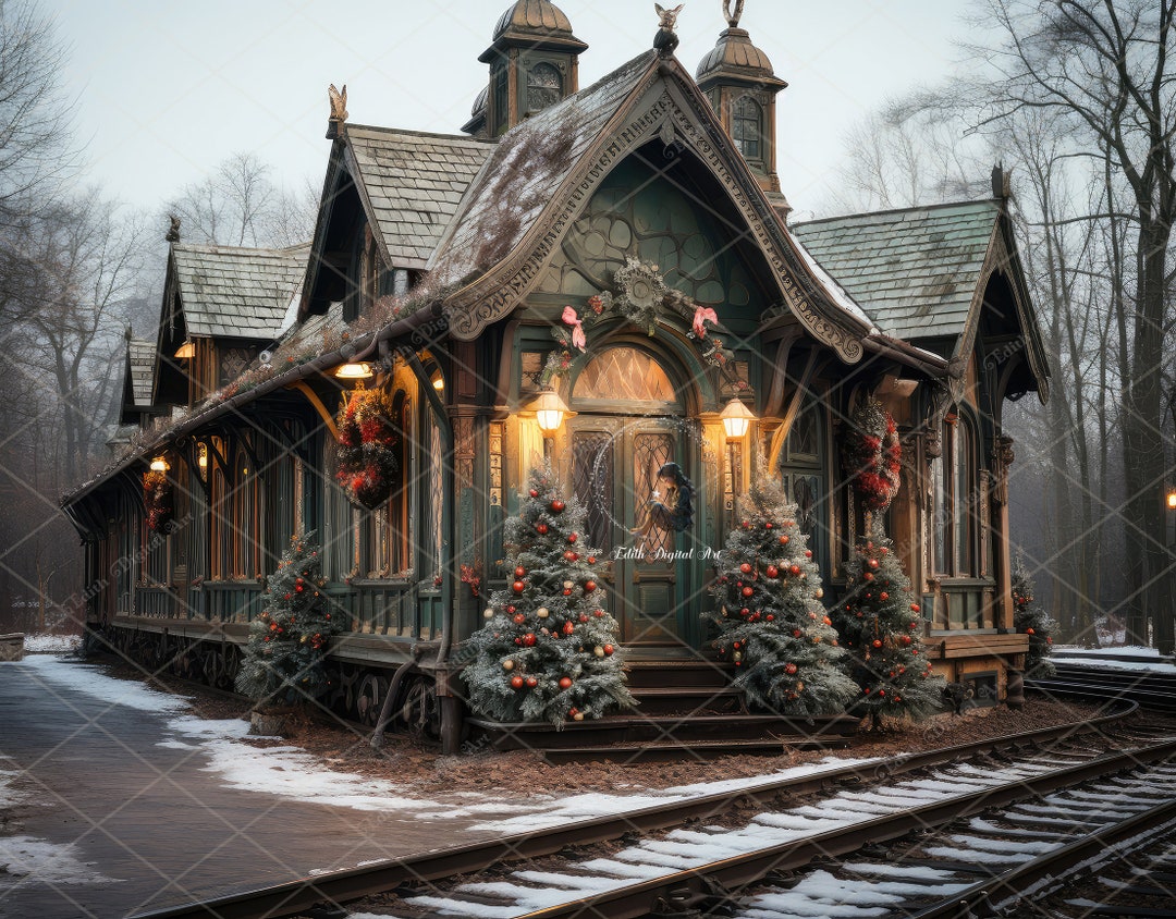 Christmas Train Station Christmas Digital Backdrop, Christmas Digital ...