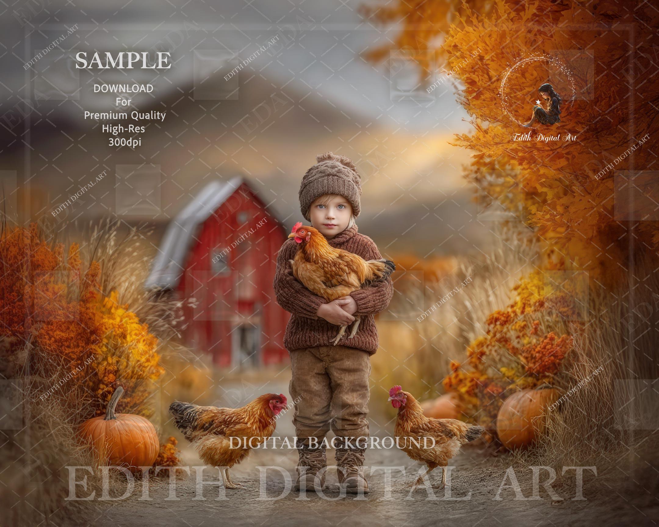 Fall Farm Animals Digital Backdrop Photography Prop, Autumn Red Barn ...