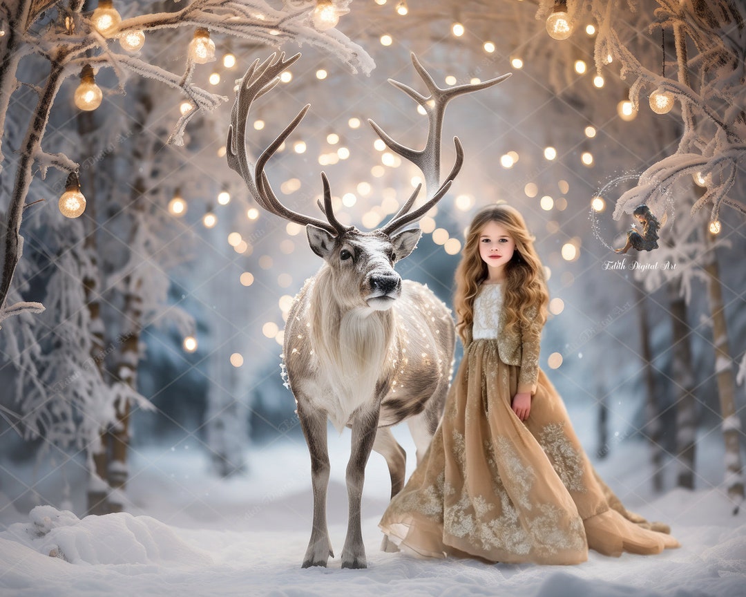 Reindeer on Enchanted Winter Forest Backdrop, Christmas Digital ...