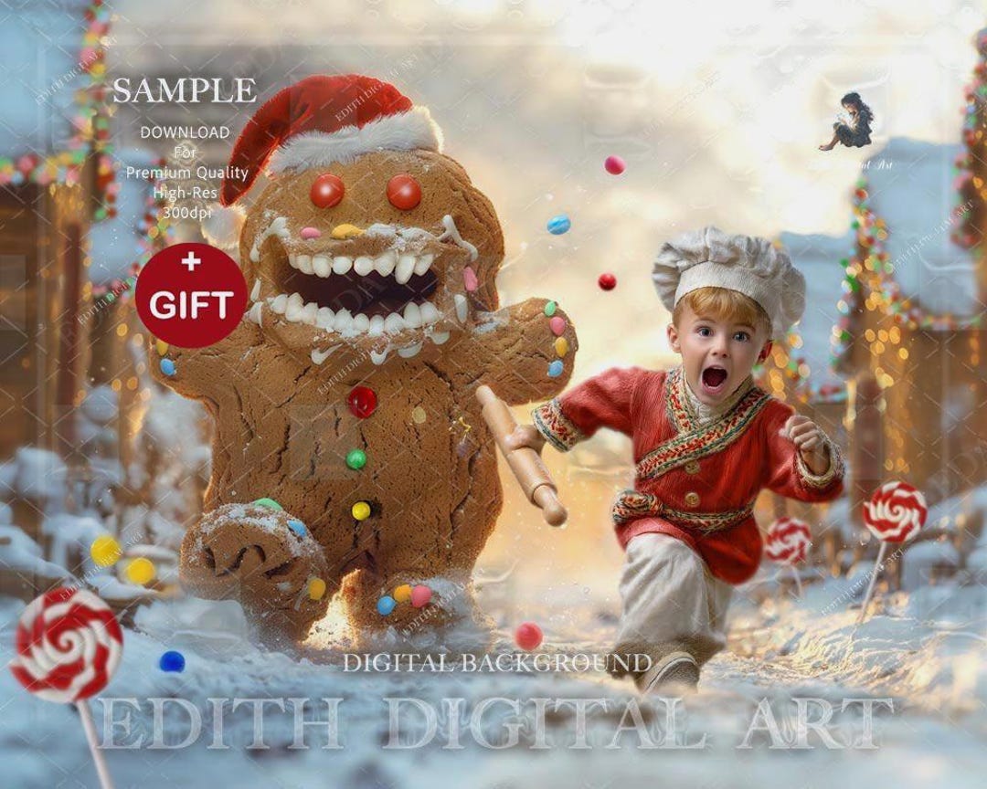 Christmas Digital Backdrop, Funny Gingerbread Village Road Scene ...