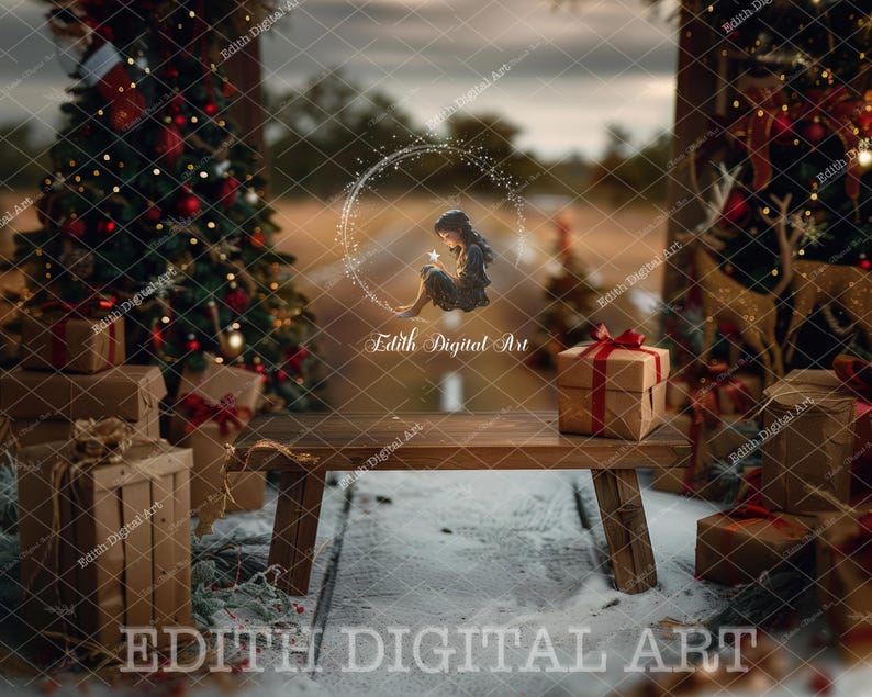 Christmas Digital Backdrop Photography, Bench, Gifts, Snow, Christmas ...