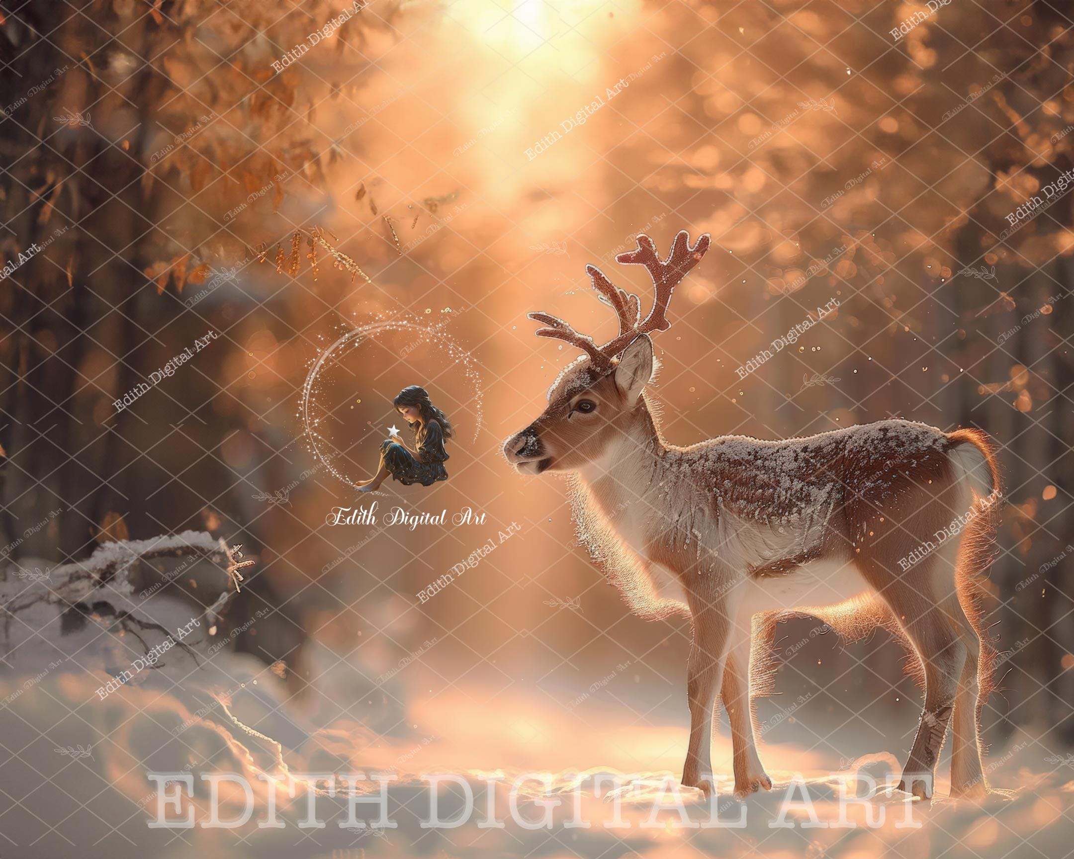 Deer Digital Backdrop, Snow Winter Woodlands Digital Baground ...