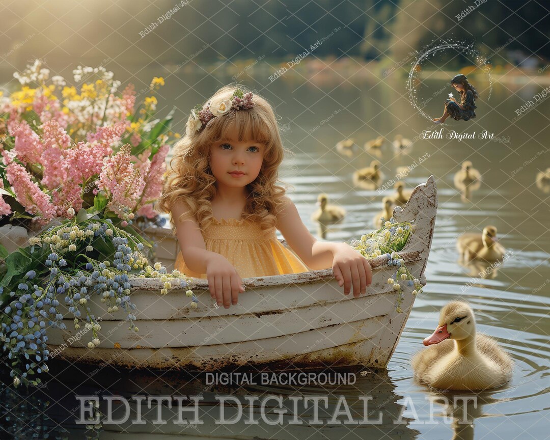 Spring Digital Backdrop Composite, Floral Boat With Ducklings at Summer ...