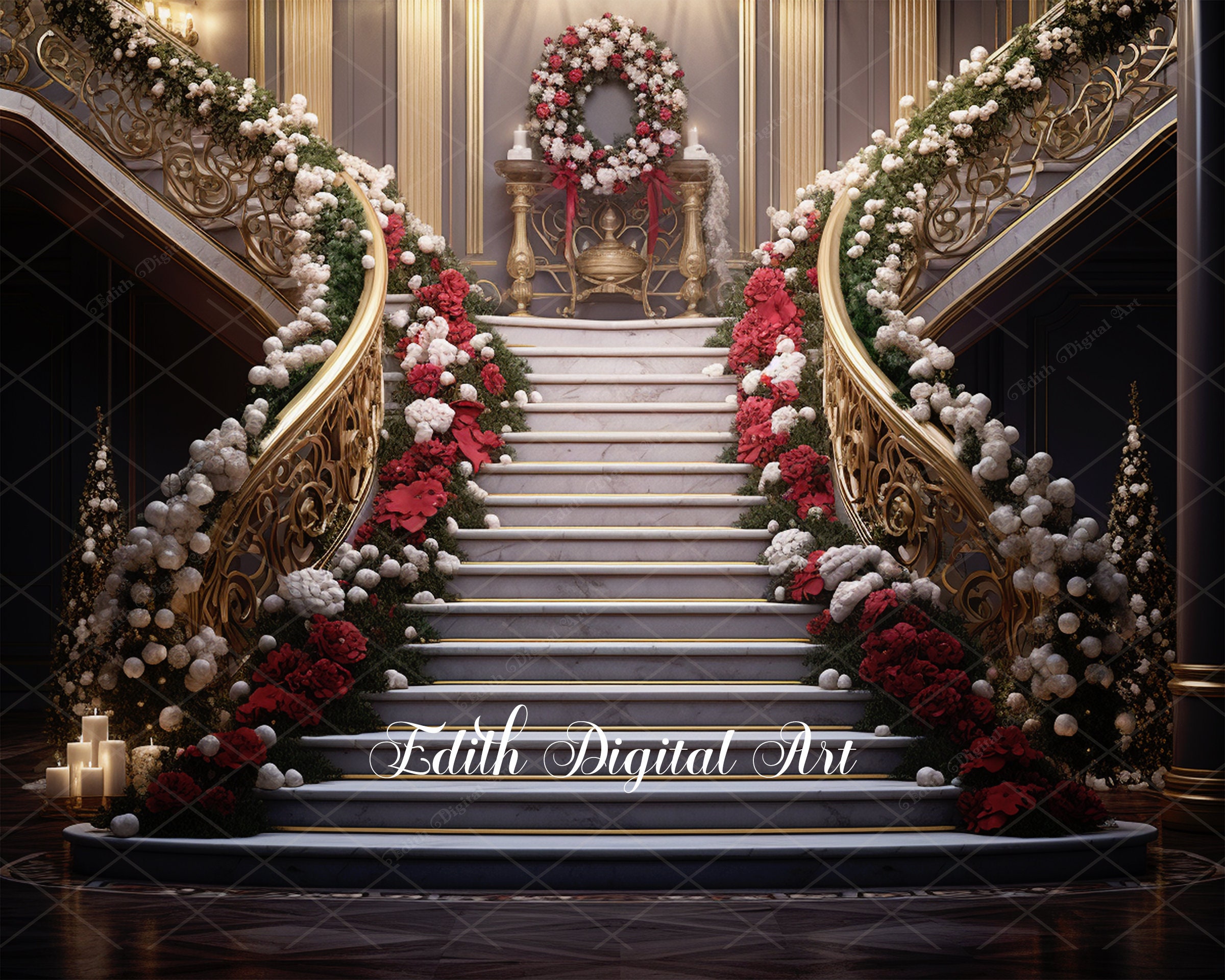 Christmas Backdrop Staircases Digital Photo, Christmas Digital ...