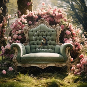 Spring Digital Backdrop Photography, Green Chair on Floral Garden ...