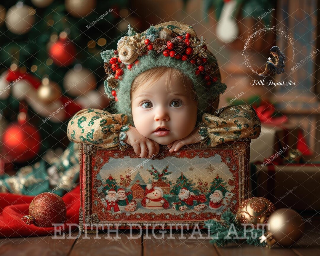 Christmas Newborn Digital Backdrop, Christmas Gift Box, Baby Photo ...