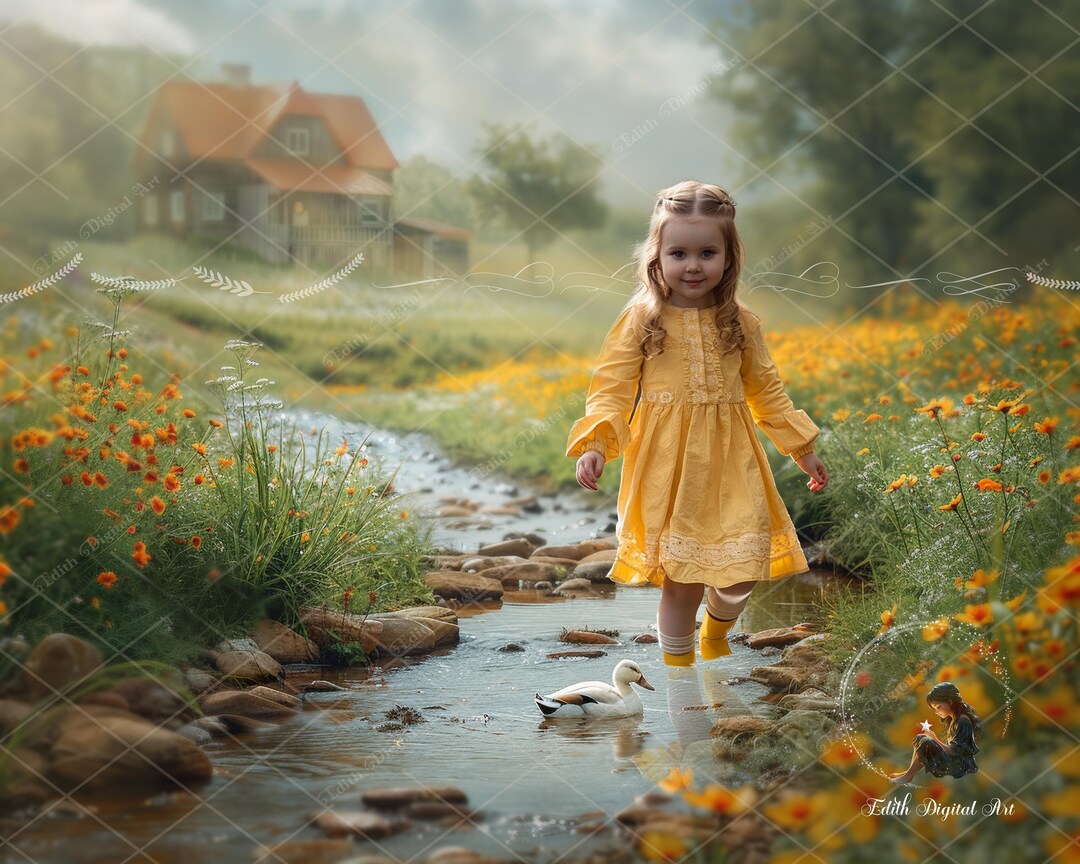 Spring Digital Background Farm River With Duck Digital Backdrop ...