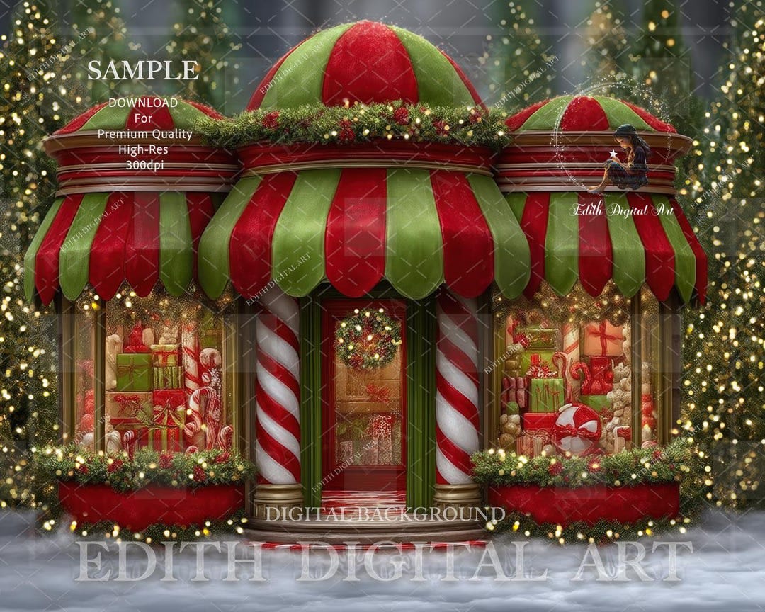 Green Christmas Storefront Backdrop, Holiday Photo Booth Banner, Xmas ...