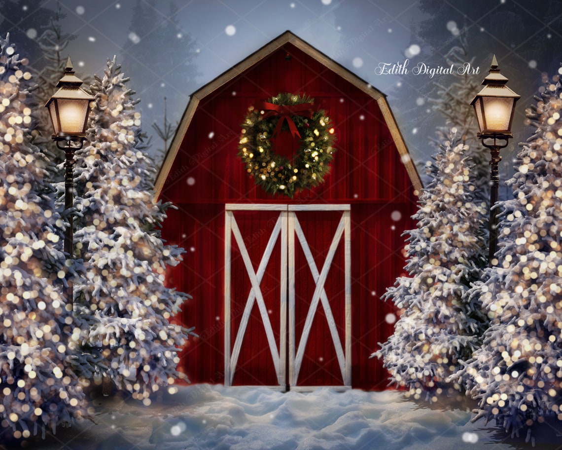 Christmas Digital Background Photography Red Barn Farm on - Etsy