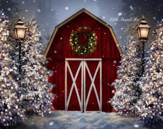 Christmas Red Barn Digital Backdrop, Snow, Trees, Fences, Xmas, Digital Background for ...