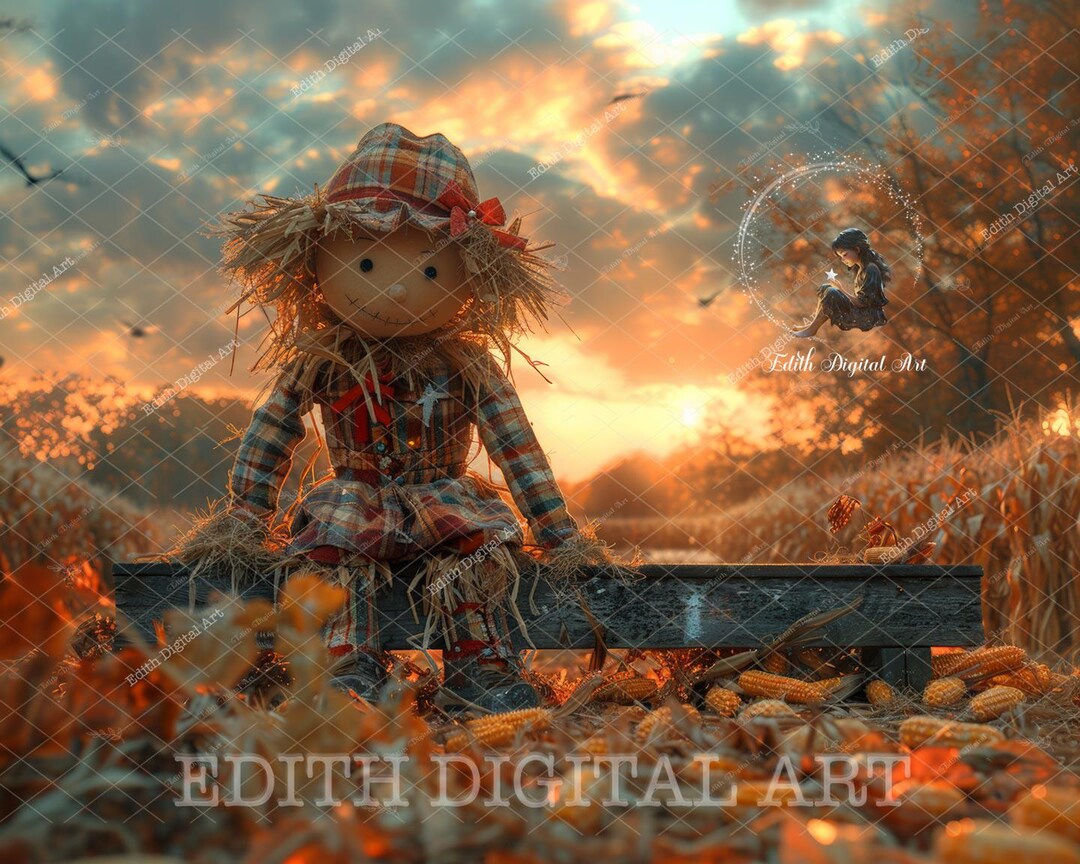 Scarecrow Digital Backdrop, Autumn Corn Field Digital Backdrop, Bench ...