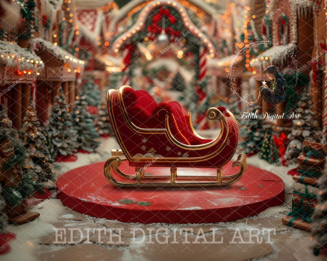 Christmas Red Sleigh Digital Photography Backdrop, Christmas Village ...