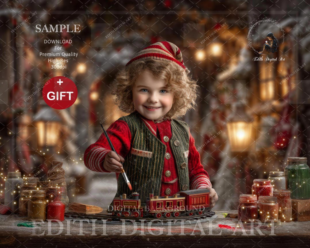 Christmas Digital Backdrop, Fantasy Photo Composite, Xmas Elf at Santa ...