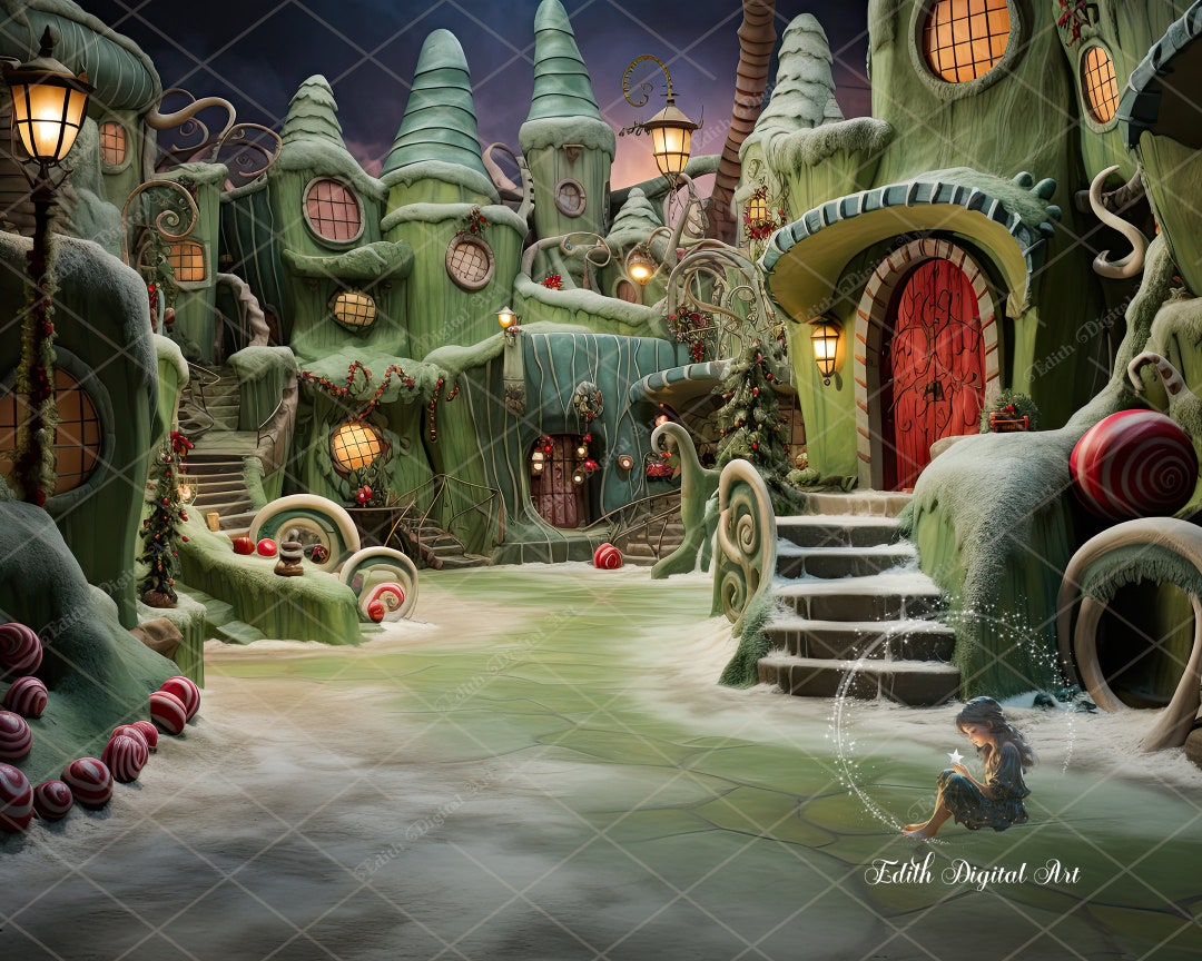 Fantasy Christmas Village Backdrop Photography, Green Christmas Digital ...