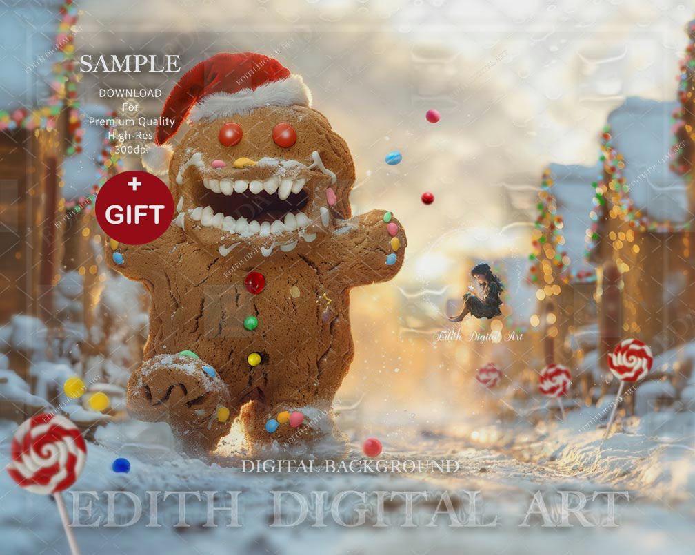 Christmas Digital Backdrop, Funny Gingerbread Village Road Scene ...