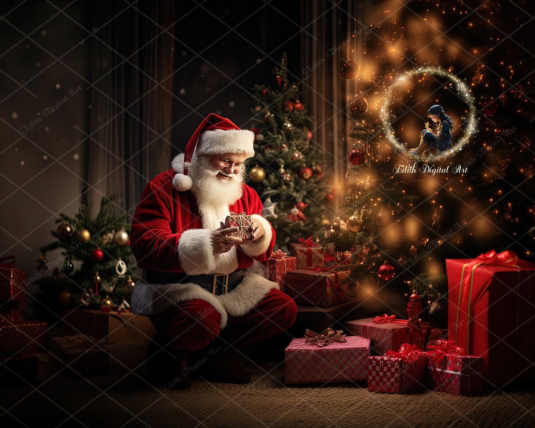 Christmas Digital Backdrop, Santa Giving Christmas Gifts Background ...