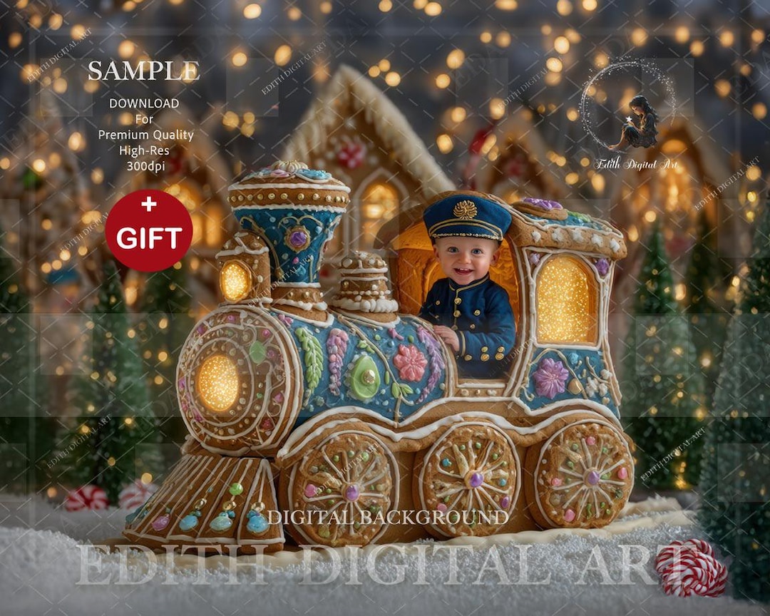 Christmas Gingerbread Train Digital Backdrop, Festive Candyland Street ...
