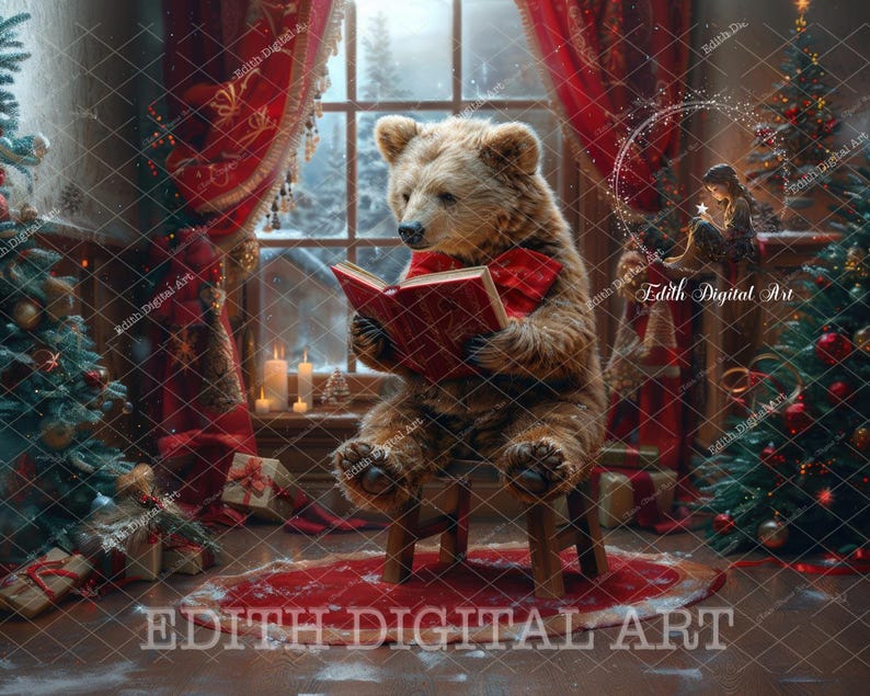 Christmas Digital Backdrop Photography, Teddy Bear at Christmas Window ...