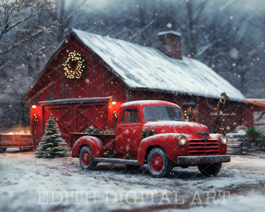 Christmas Red Truck Digital Background Photography, Snow Winter Farm ...