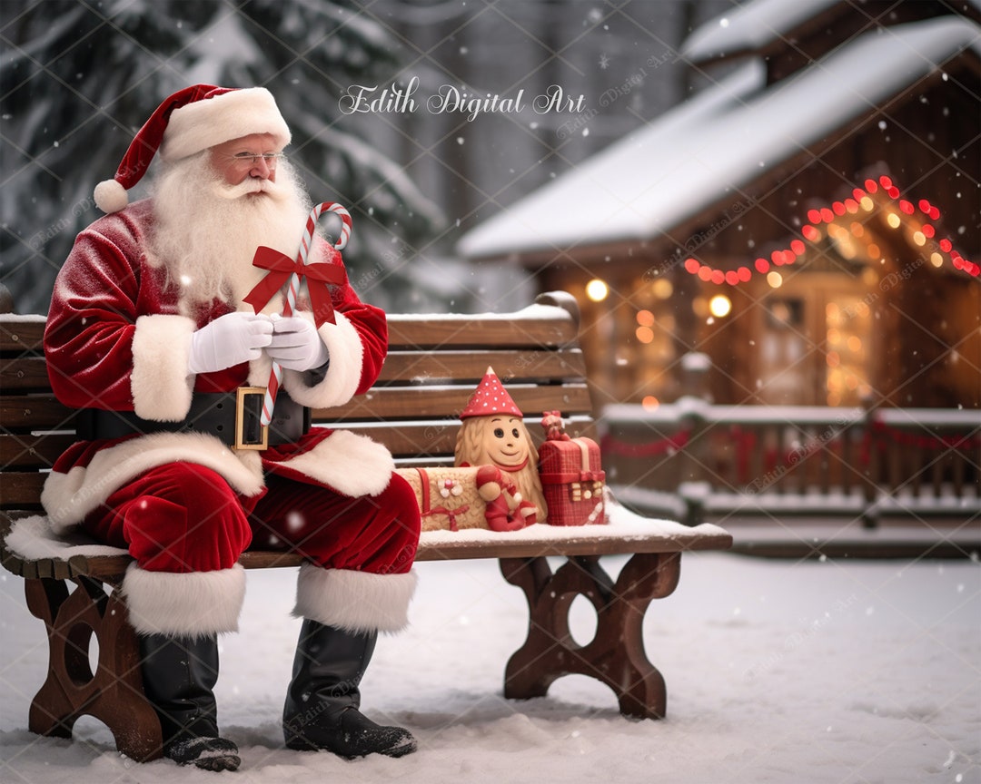Christmas Digital Backdrops Photography, Santa on Bench at Snowy North ...