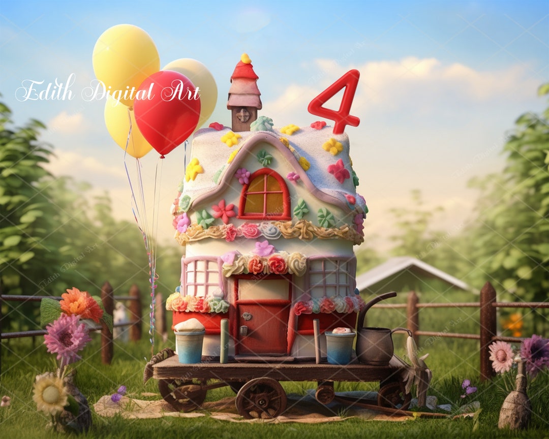 4th Birthday Digital Backdrop, Birthday Cake House, Fantasy Birthday ...