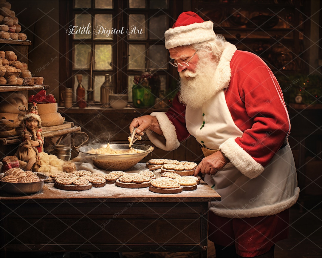 Santa Baking Christmas Cookies Digital Background, Christmas Digital ...