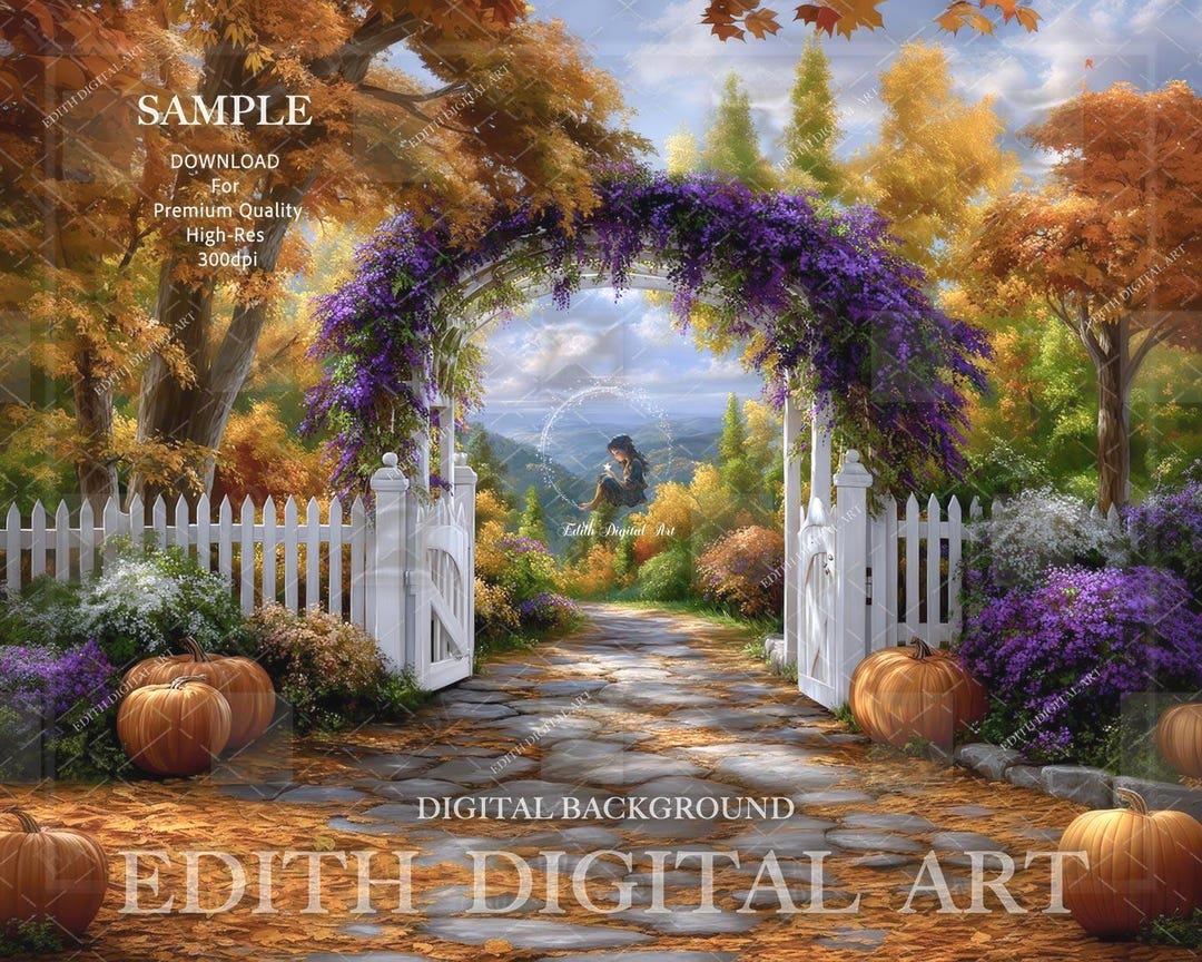 Autumn Garden Gate Digital Backdrop, Fall Pumpkin Path, Halloween ...
