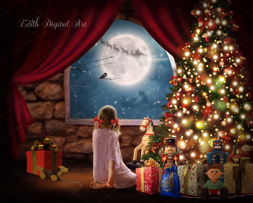 Christmas Digital Backdrop, Santa in Moon Digital Background, Holidays ...