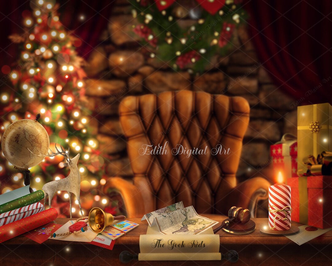 Christmas Digital Backdrop, Santa Workshop Desk Digital Background ...