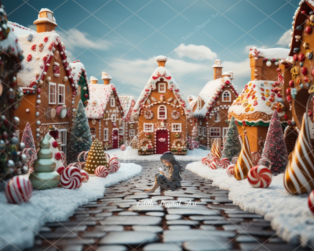 Candyland Digital Backdrop, Snowy Gingerbread Village Background, Fun ...