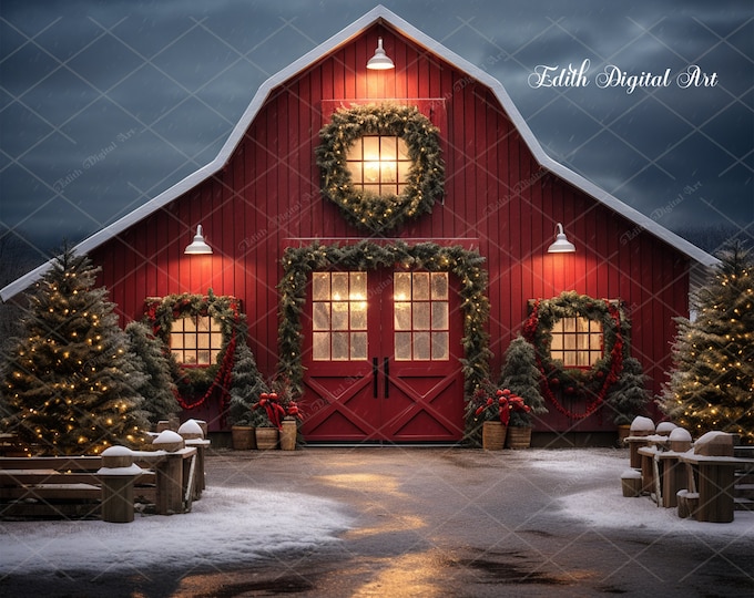 Christmas Red Barn Digital Backdrop, Snow, Trees, Fences, Xmas, Digital Background for ...