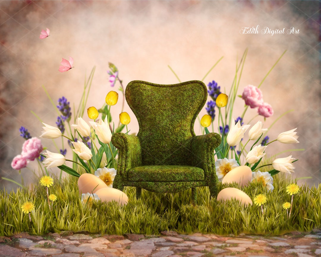 Easter Digital Backdrop, Spring Garden With Chair, Spring Digital ...