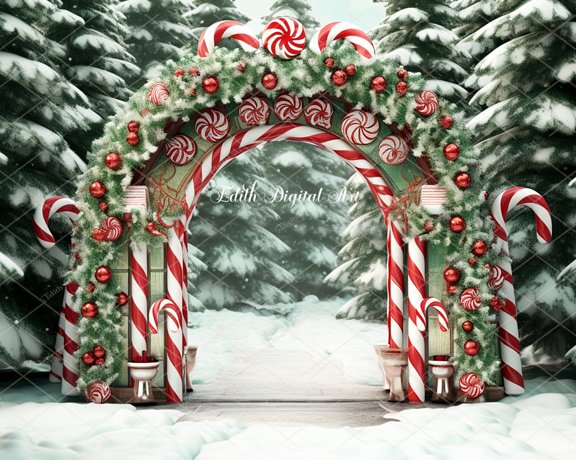 Green Peppermint Arch, Christmas Digital Backdrop, Holiday Background ...