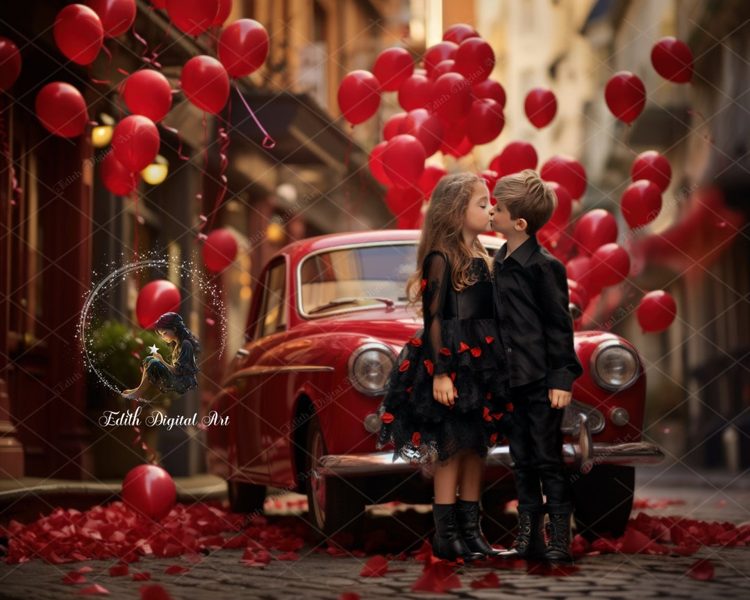 Valentines Digital Backdrop Photography, Romantic Vintage Car on Street ...